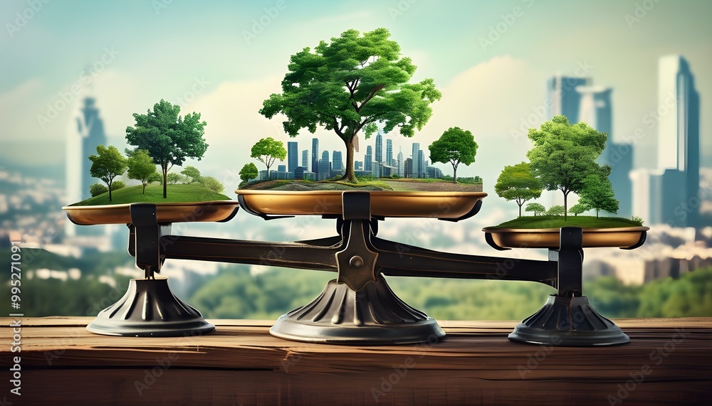 Vintage scale balancing cityscape and tree, symbolizing harmony between ...