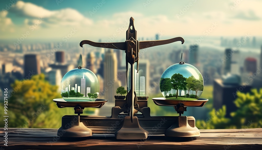 Vintage scale balancing cityscape and tree, symbolizing harmony between ...