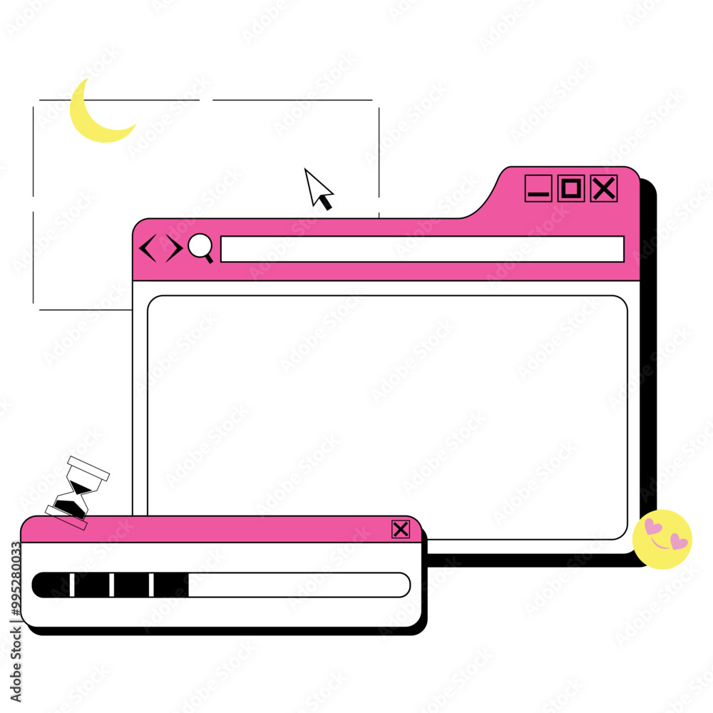 Retro browser computer window in 90s vaporwave style with smile face hipster stickers. Retrowave ...