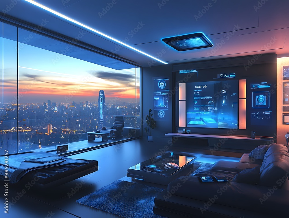 Interior design of a modern smart home with blue light monitors ...