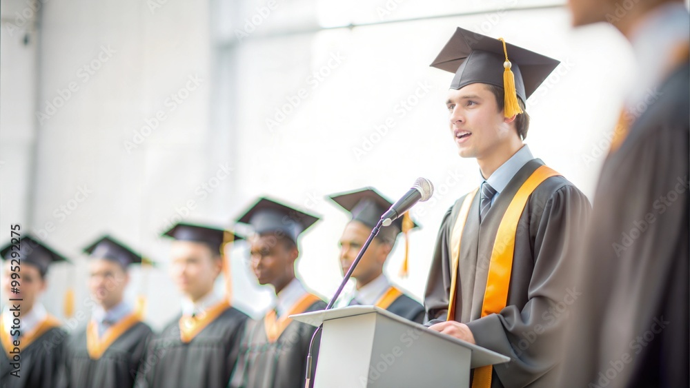 Valedictorian young student man giving graduation speech to other ...