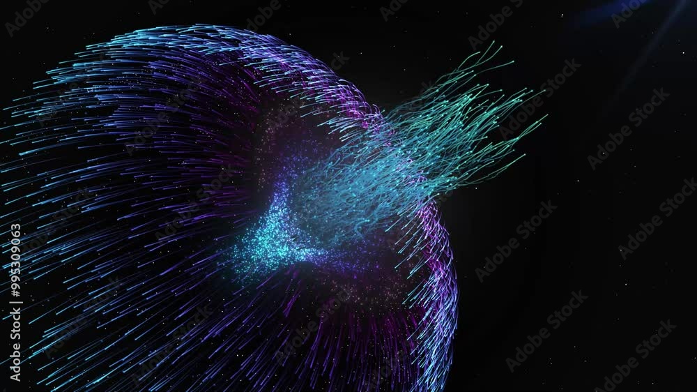 Space-themed 3D animation with multicolored particles rotating around a ...