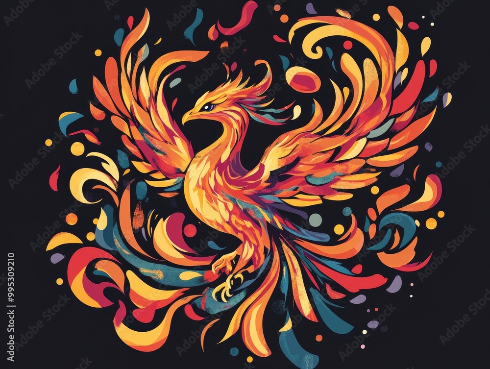 Fantasy phoenix bird with fiery wings and abstract design resembling an ...