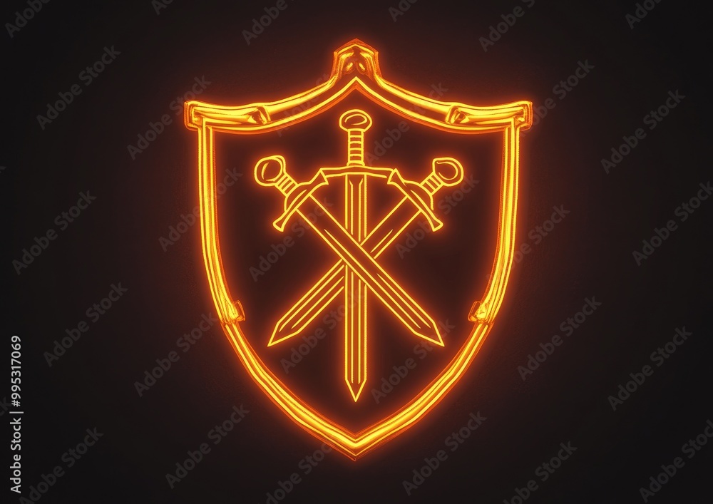 Glowing neon outline of a medieval shield featuring crossed swords ...