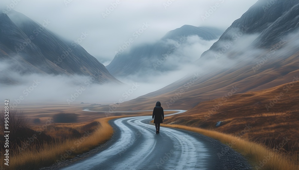 Mysterious solitude along a winding road amidst misty mountains ...