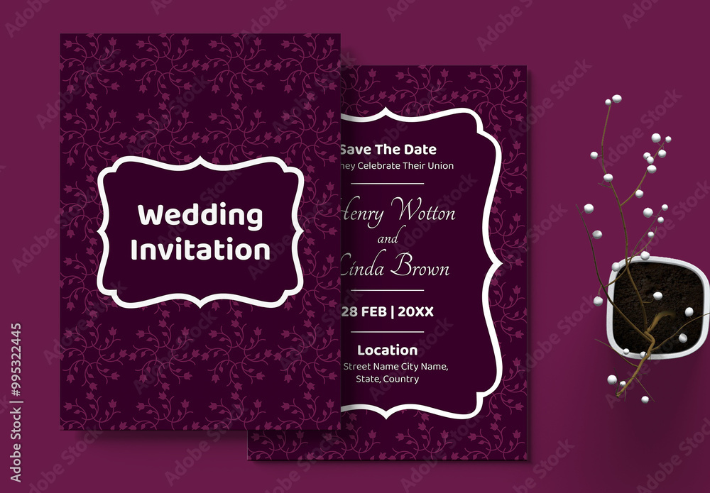 Purple Minimal Wedding Invitation Card Stock Template | Adobe Stock