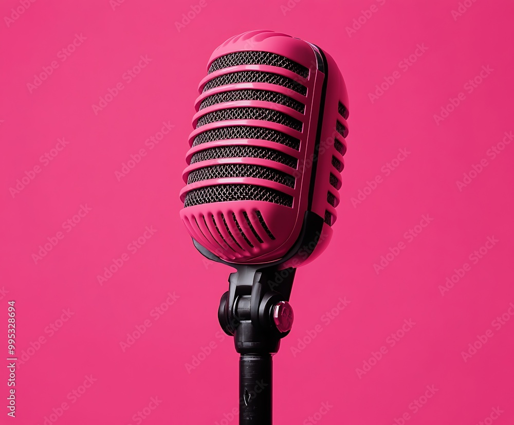 Pink microphone inside an studio with pink background, audio recording ...