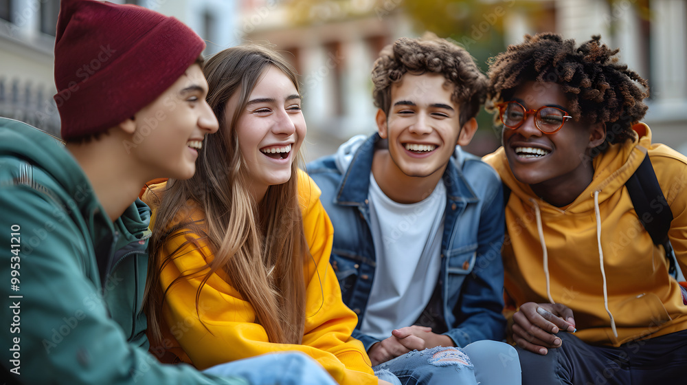 Teenage friends group having fun together on city street ...