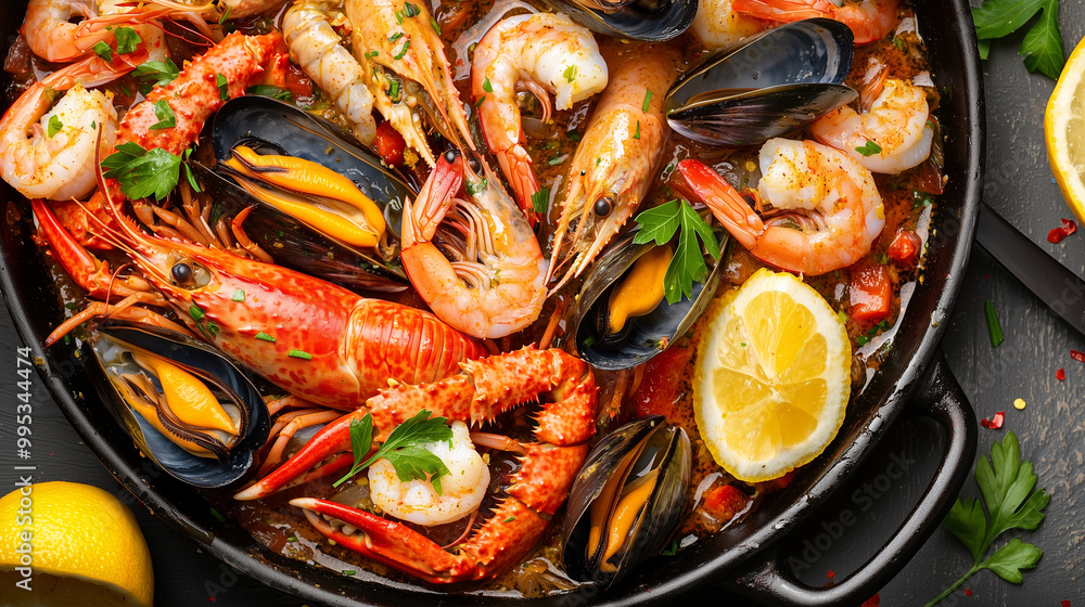Steamed Seafood Assortment with Crab Legs, Prawns, and Mussels in a ...
