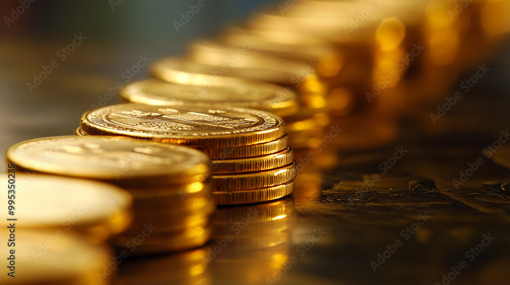 Stacked gold coins arranged in a row on a shiny surface reflecting soft ...
