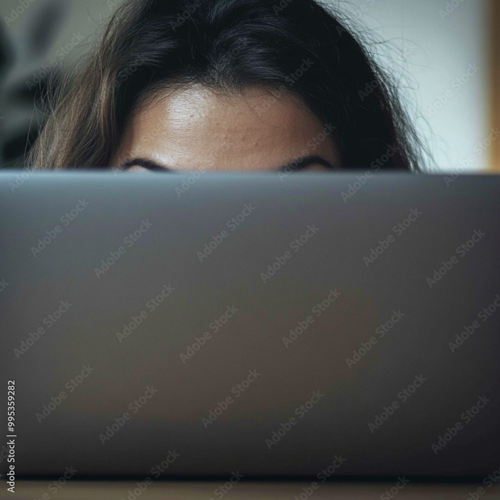 the back of a laptop on a desk. just above the top edge of the laptop ...