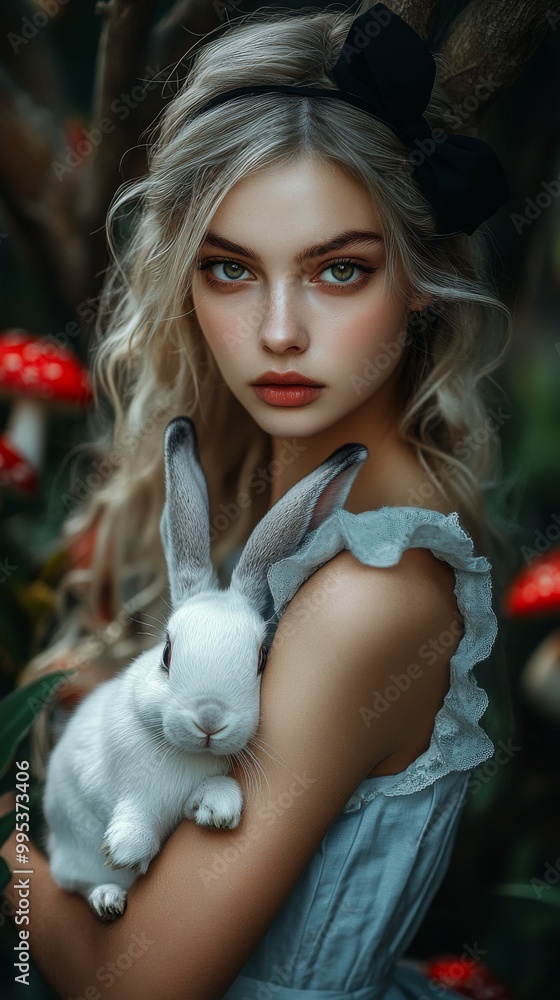 Female model, dressed like Alice from Alice in wonderland, holding a ...