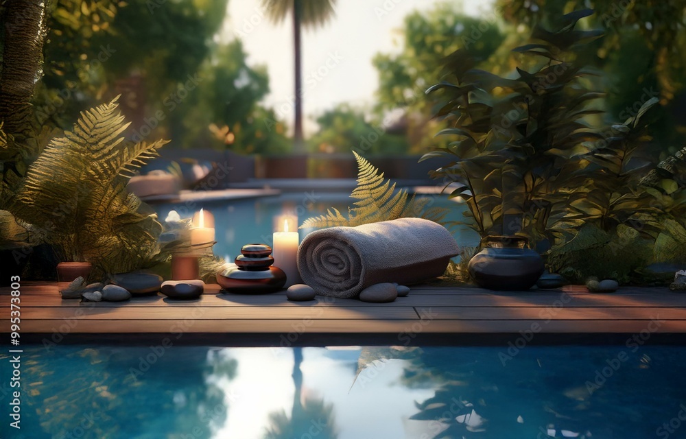 Relaxing spa scene with a swimming pool, candles, a towel, and stones ...