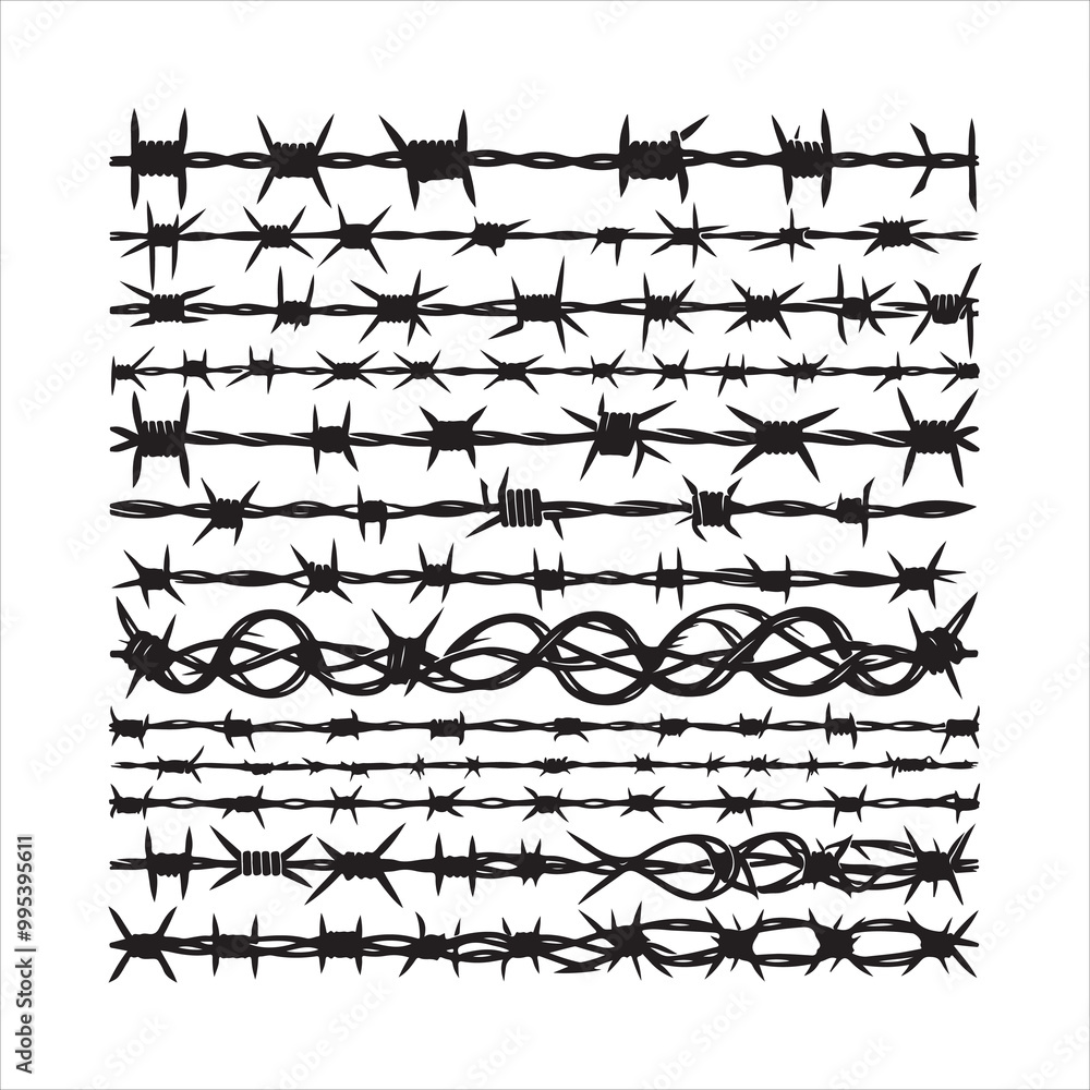 Barbed wire collection silhouette vector. Razor wire silhouettes ...