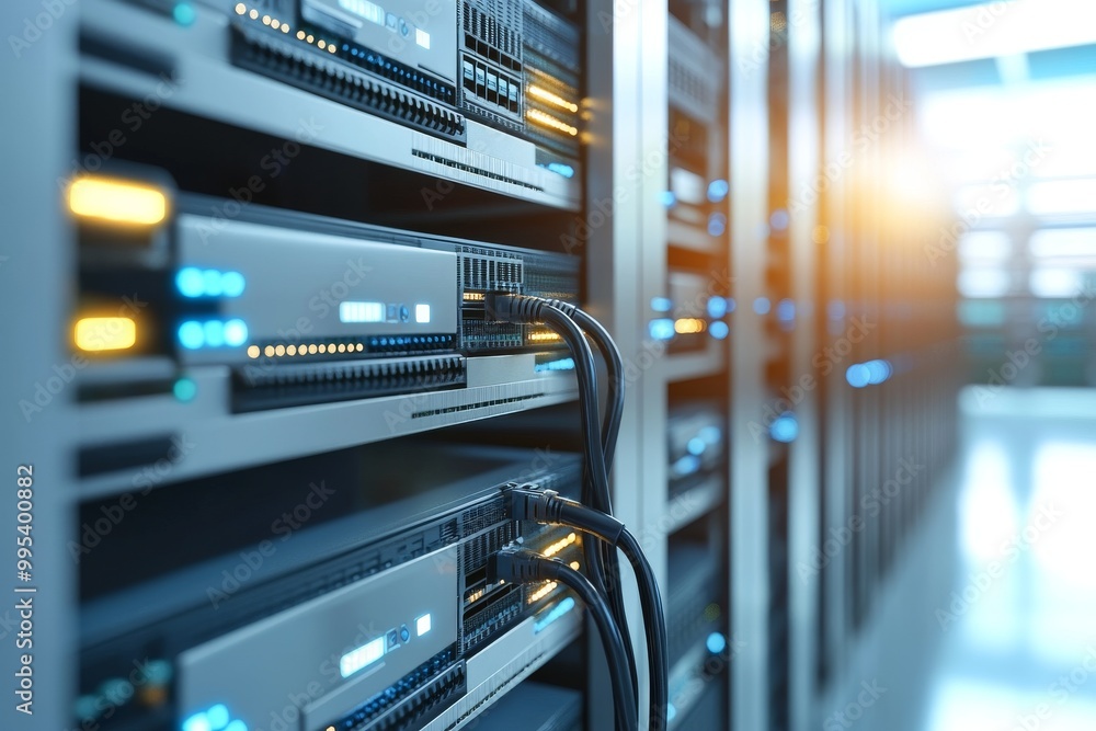 Server racks with connected cables in a data center environment ...