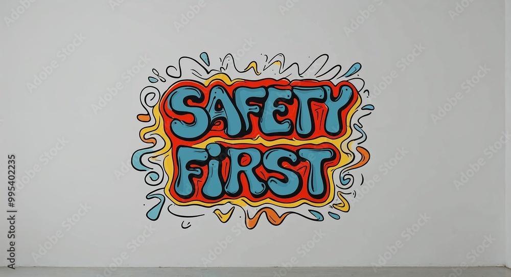 safety first word lettering with groovy doodles drawing design on plain ...
