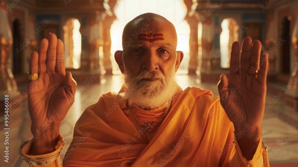 Swami in Saffron Robes Blessing with Raised Hands in Mandir, Serene ...