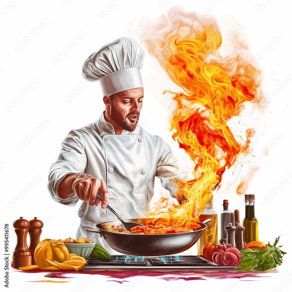 A passionate chef skillfully stirs a bubbling pot of vibrant ...