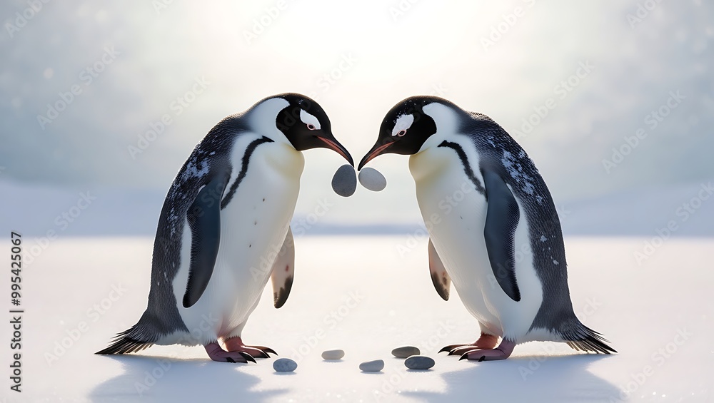 This photograph captures a touching moment between a pair of penguins ...