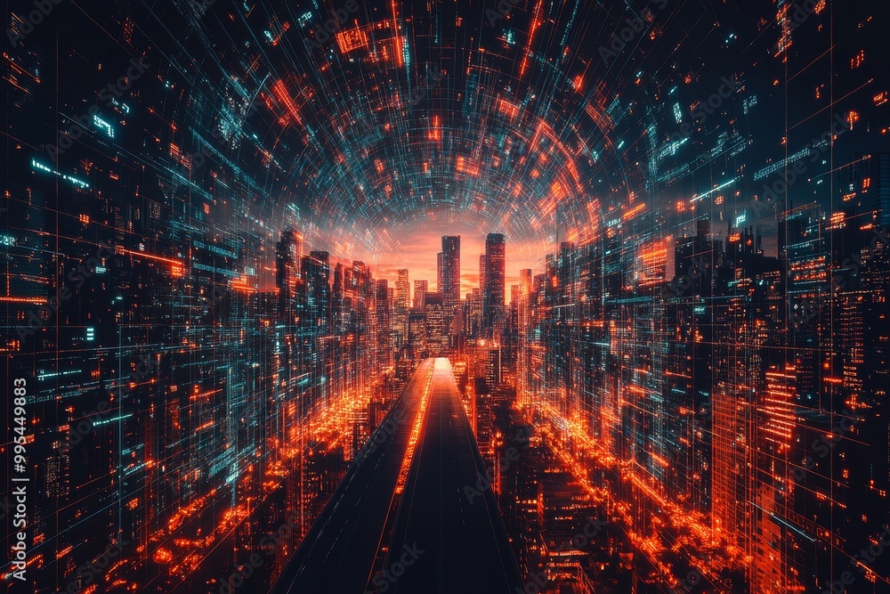Glowing Cityscape With Orange Data Streams Symbolizing Digital Data Flow Fast Communication And