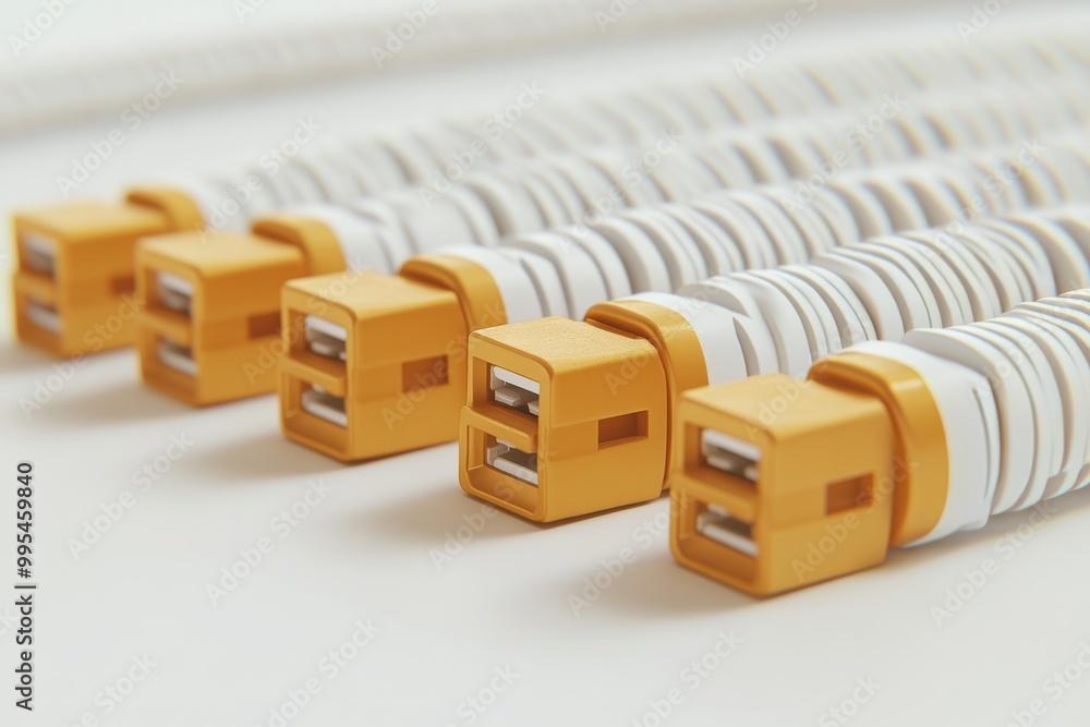 Gold and white ethernet plugs in a row symbolizing organized data ...