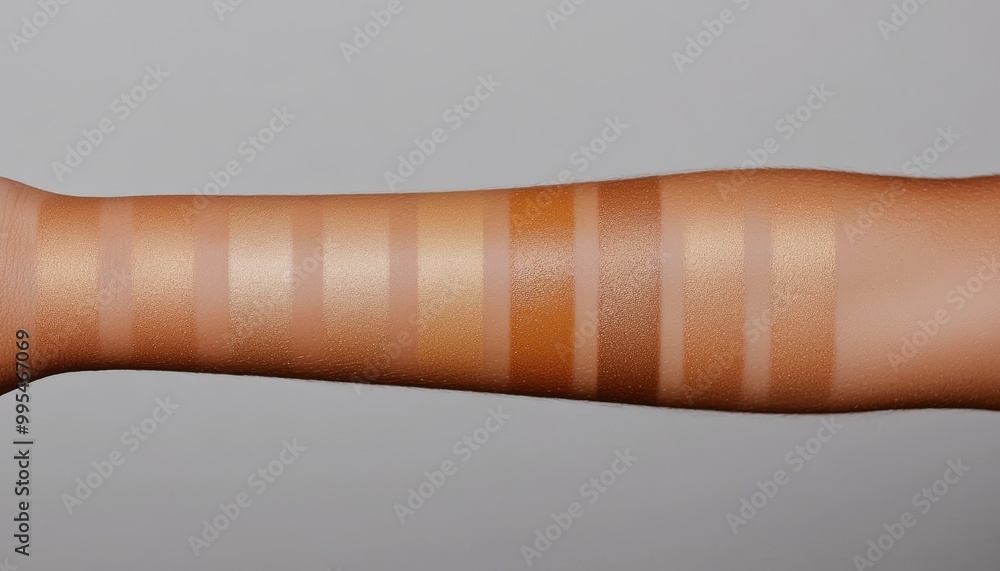A forearm with a gradient of bronzer swatches, from light golden tan to ...