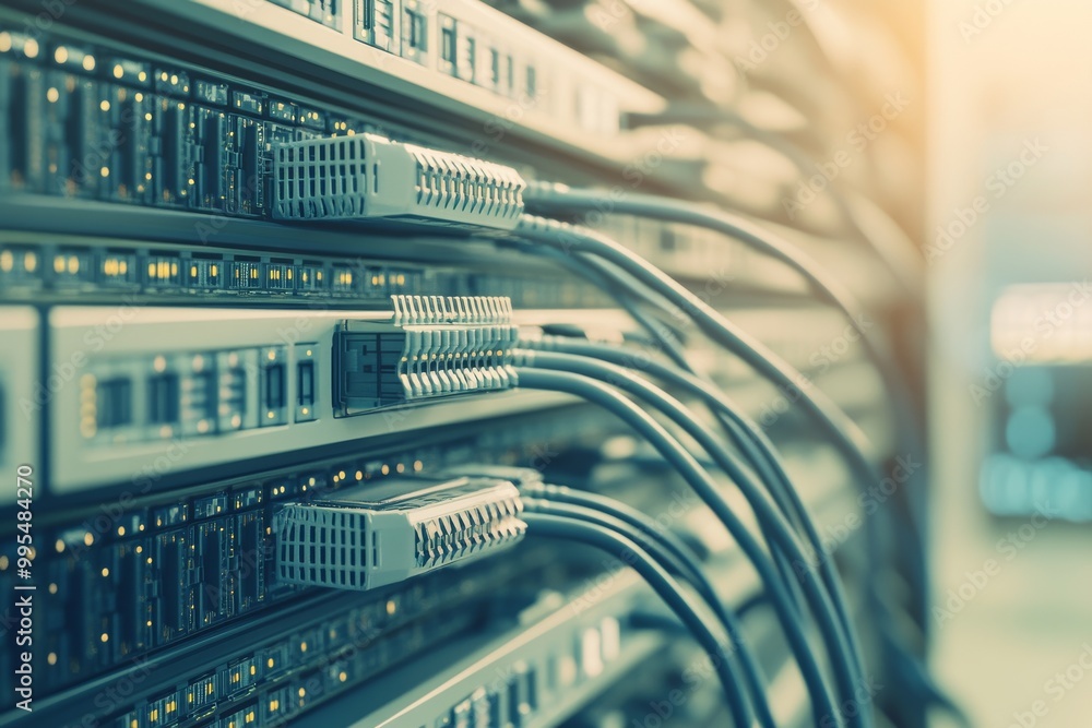 Network server cables connected to racks in an industrial setting ...