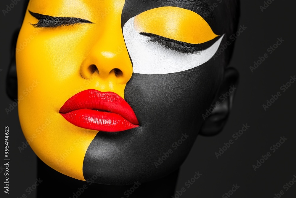 Woman's face is painted with black and yellow colors. The lips are red ...