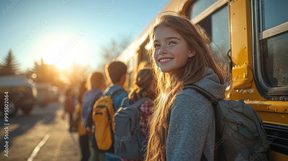 Joyful students waiting by the yellow school bus during sunset in a ...