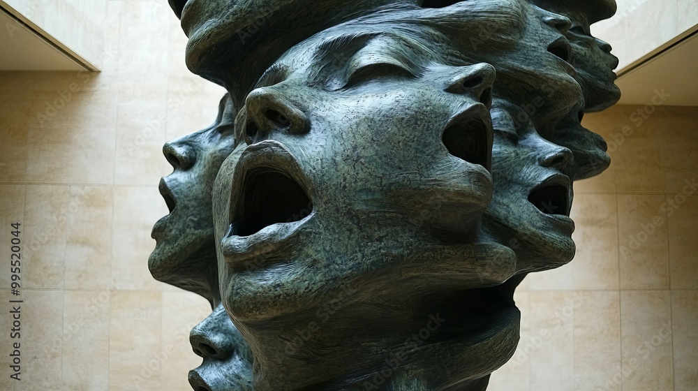 Complex sculpture showing many faces with emotions in an art gallery ...