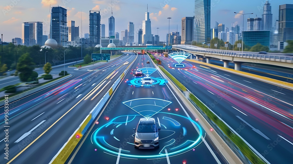Futuristic highways with driverless cars equipped with advanced AI ...