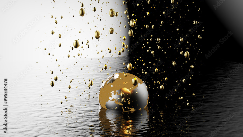 globe sinking into water - rising out of water with golden spheres ...