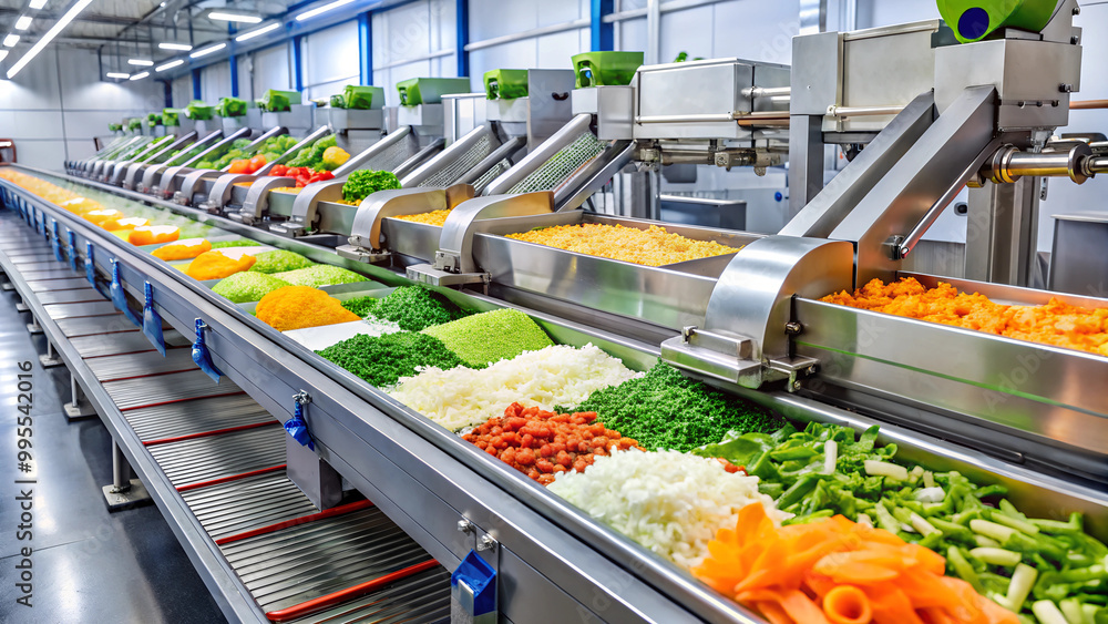 Conveyor belt transporting various chopped vegetables in a modern food ...