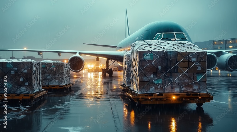 Cargo aircraft loading pallets in rainy weather. Cargo plane is being ...