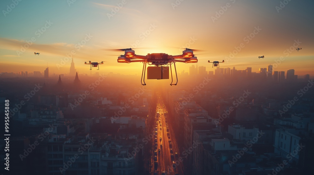 Multiple drones delivering packages over cityscape at sunrise. Several ...