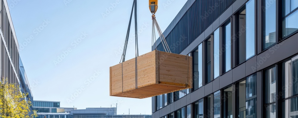 Crane lifting a modular wooden construction piece into a modern Berlin ...