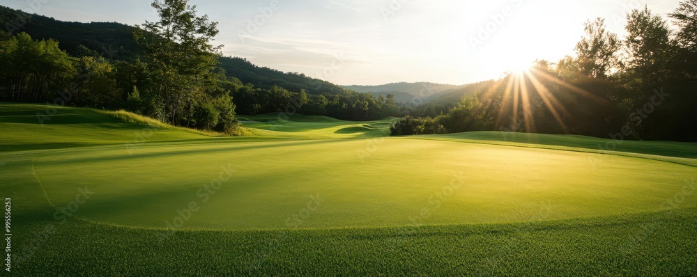 Golf course bathed in warm sunlight during sunrise or sunset ...