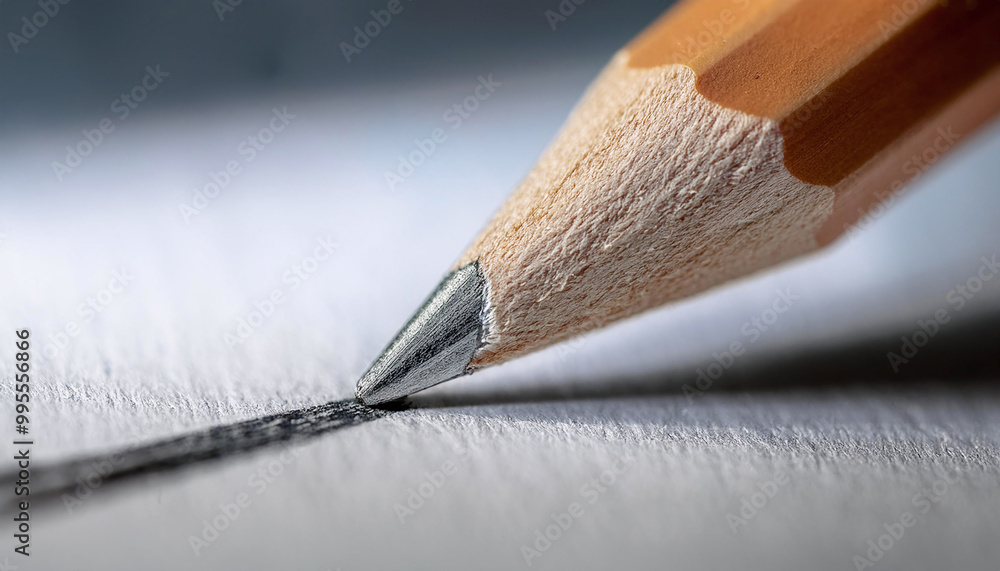 Sharpened pencil tip pressing into paper, detailed macro shot of ...