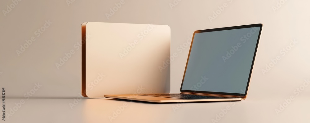 Ilustrace „Laptop open to a blue screen with a file folder icon ...