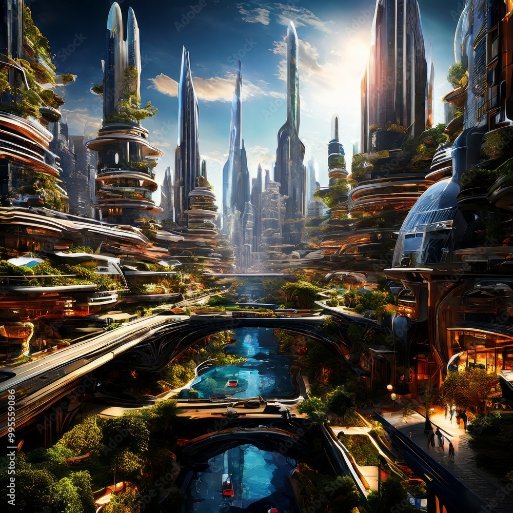 A highly detailed and vibrant futuristic city with towering skyscrapers ...