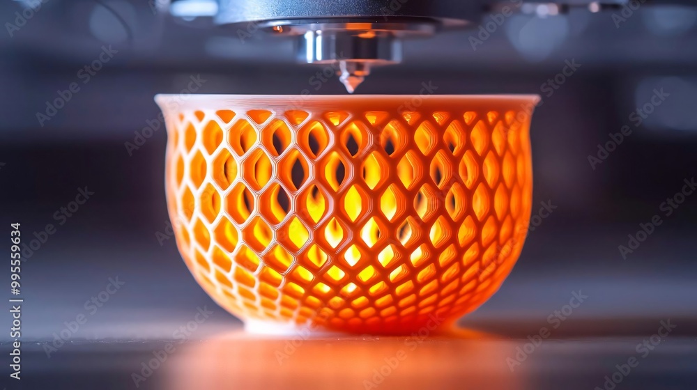 Vibrant 3D-printed bowl with a honeycomb pattern showcased under a ...