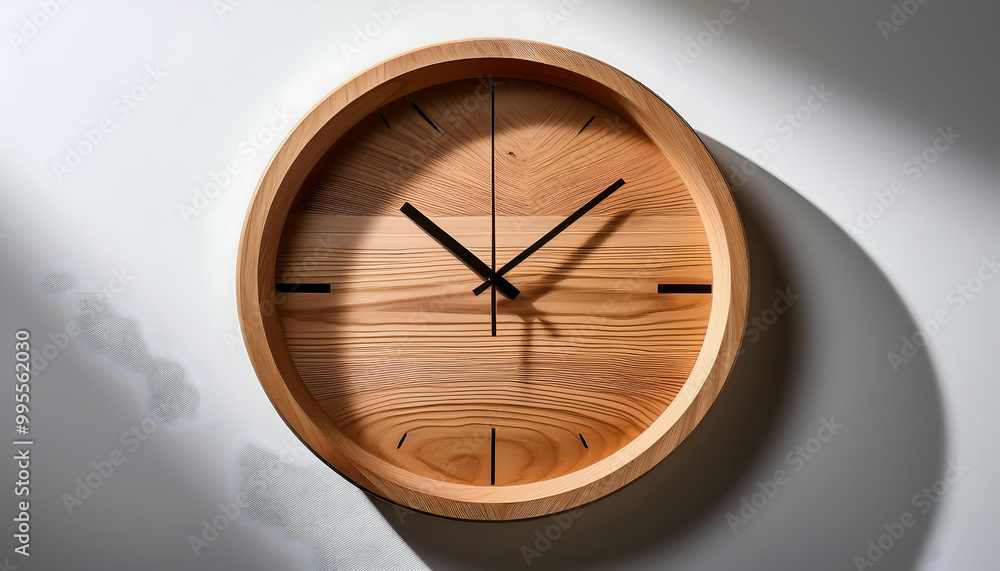 clock on wooden wall.A round wooden clock with visible grain patterns ...