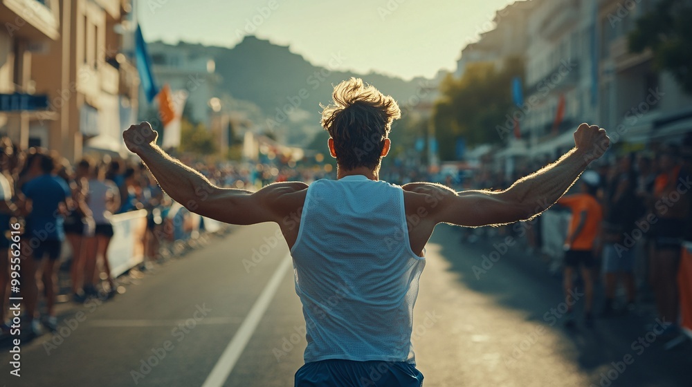 An athlete crossing the finish line of a race with joy and ...