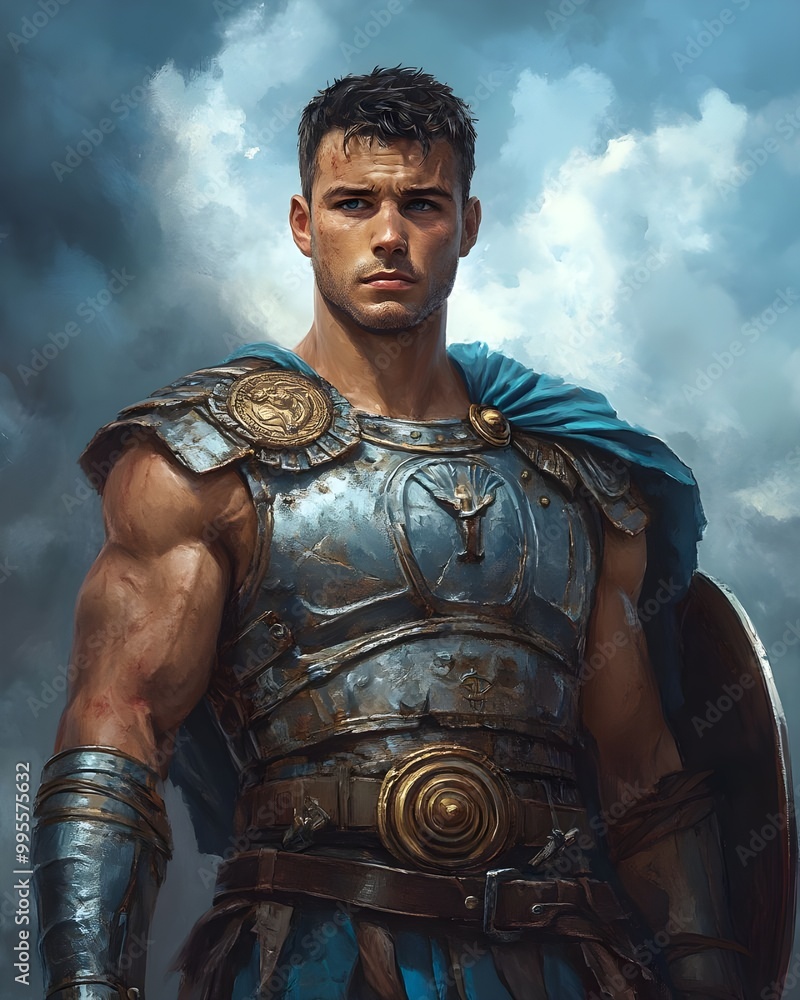 warrior against a thunderous background, simply, front view, a short ...