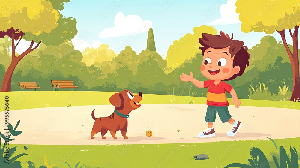 A cartoon child playing fetch with a dog, with plenty of room for copy ...