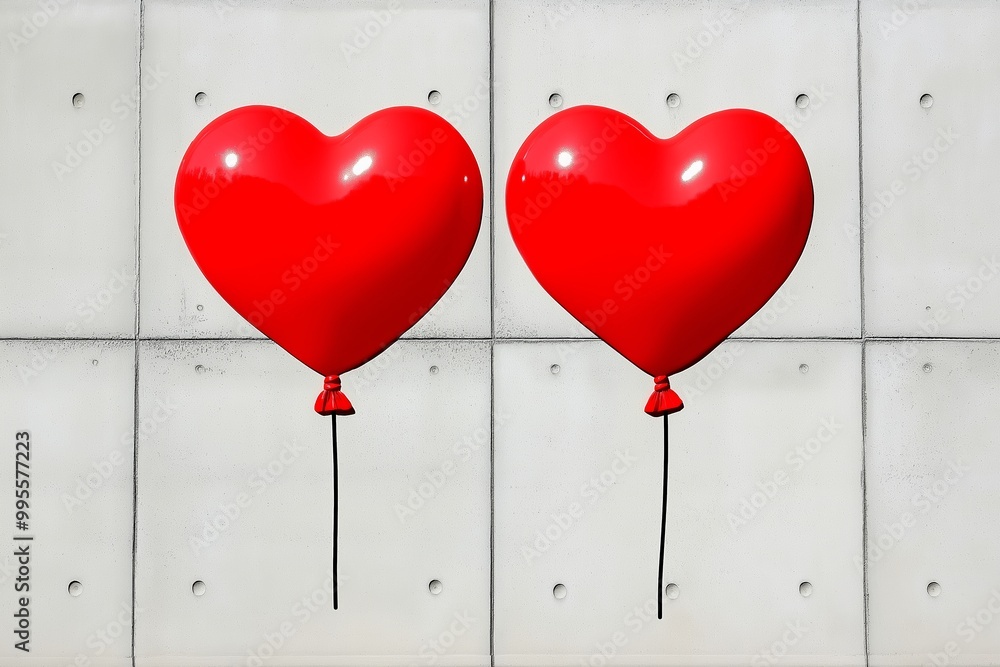 Two red balloons with a heart on them. One is on the left and the other ...