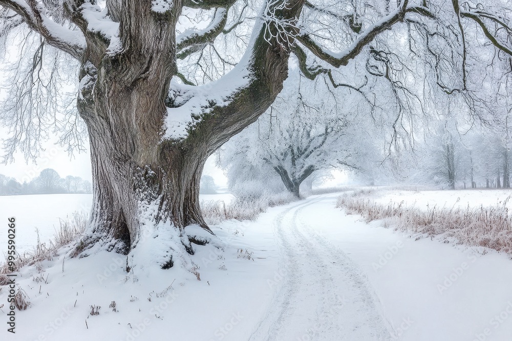 Old Beech Tree by a Serene Snowy Country Road in Winter with Snow ...
