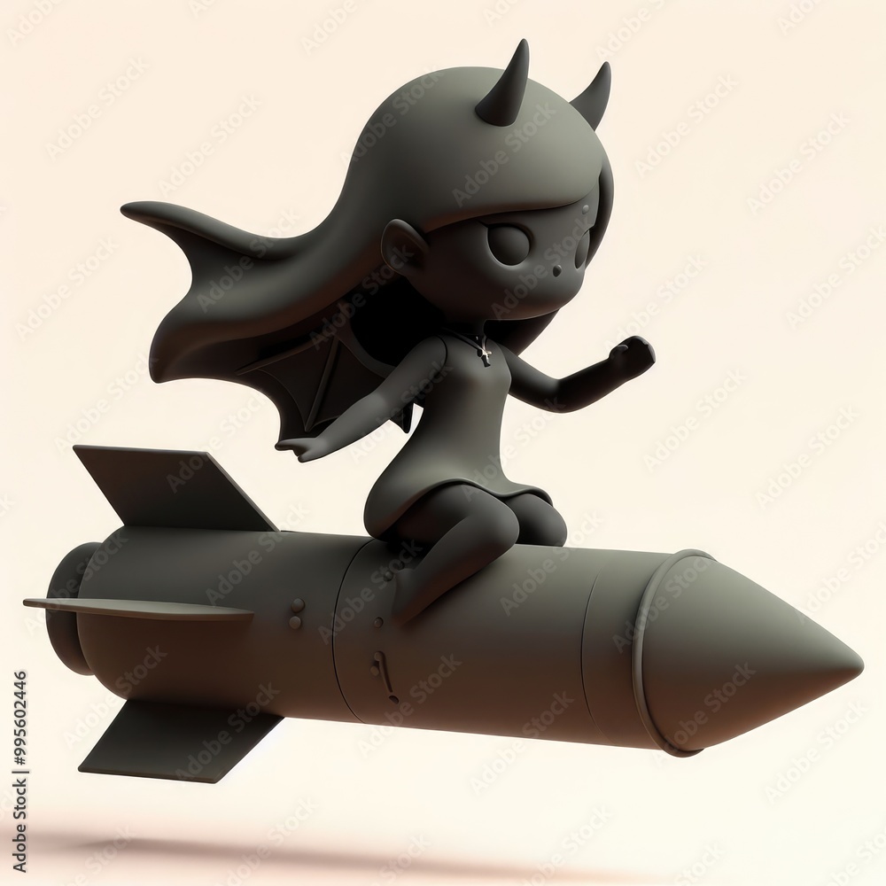 Cute cartoon demon girl riding a rocket. 3D minimalist cute ...