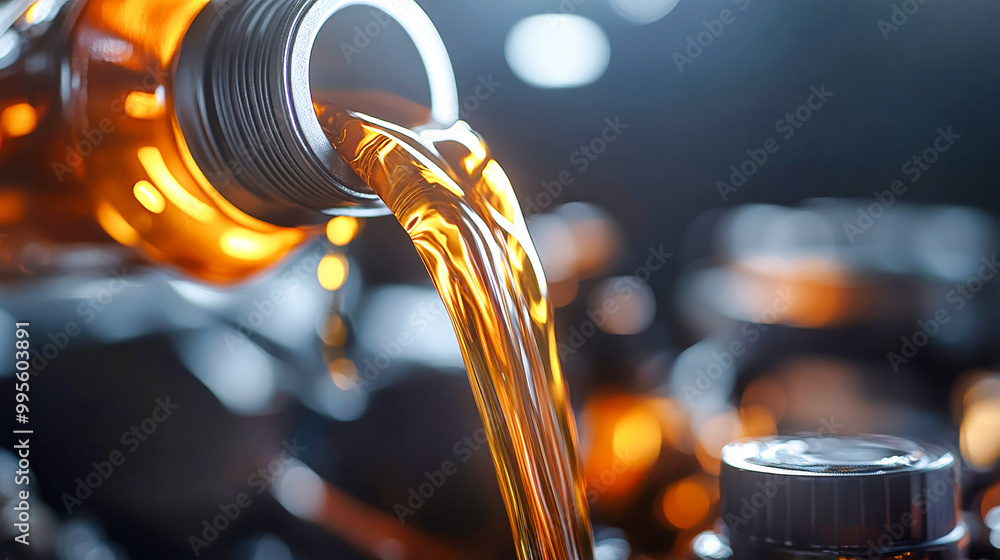 Oil is being poured into an engine from a canister in a well-lit ...