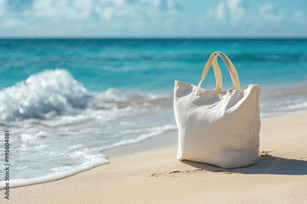 White tote bag on sandy beach. Perfect for summer vacation or beach ...